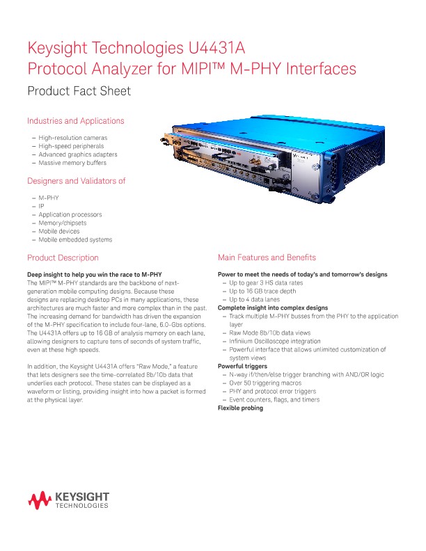 U4431A Protocol Analyzer for MIPI™ M-PHY Interfaces PDF Asset Page | Keysight